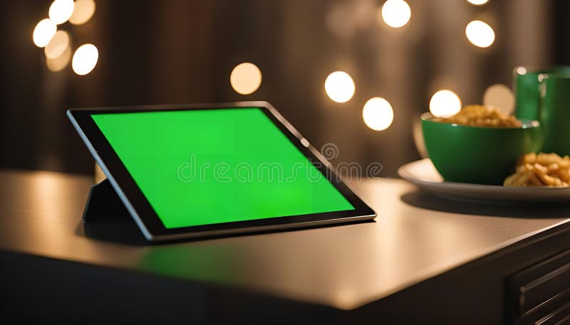 Green Screen Tablet on Table with Snacks and Bokeh Lights Stock Image ...