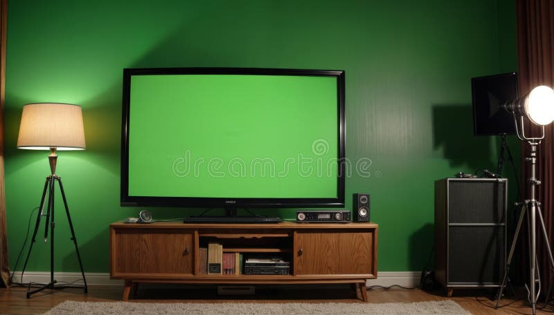 Green Screen Tv on Screen, Dimly Lit Room Stock Photo - Image of ...