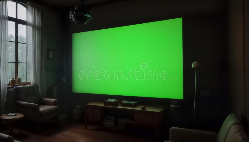 Green Screen Tv on Screen, Dimly Lit Room Stock Image - Image of ...