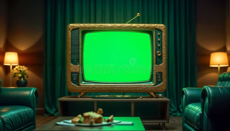 Green Screen Tv on Screen, Dimly Lit Room Stock Image - Image of ...