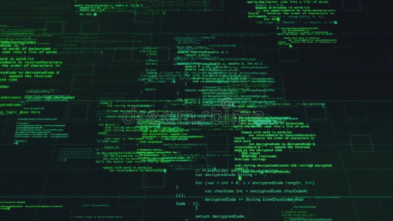Green Hacker Desktop Console With Scrolling Programming Code Loop Overlay Background Stock