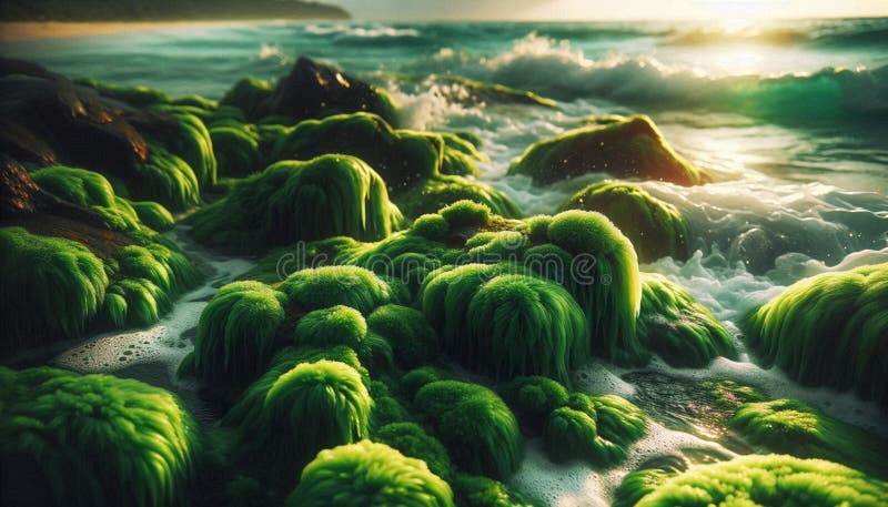 Green Sea Moss on Rocks with Sea Waves. Close-up Shots Stock ...