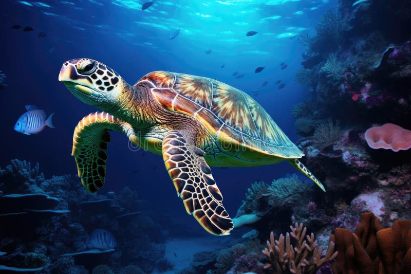 Green Sea Turtle in the Coral Reef. 3d Render Illustration, Hawksbill ...