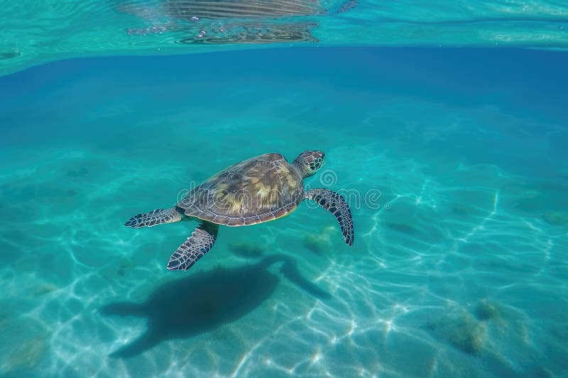 Green Sea Turtle Gracefully Swimming In Clear Blue Ocean Waters