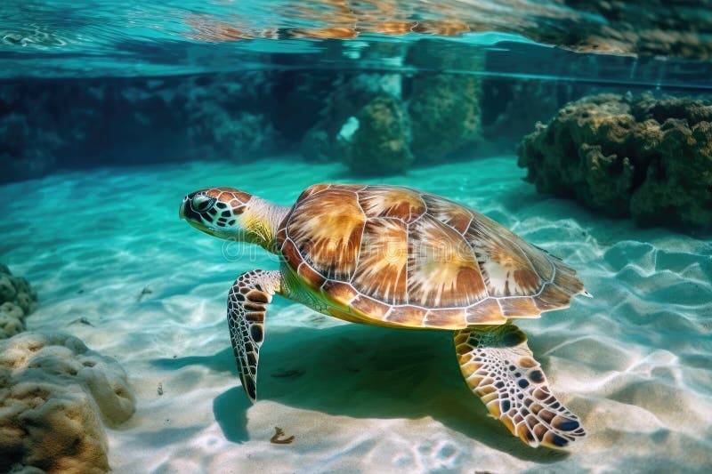 Green Sea Turtle Gracefully Swimming In Clear Blue Ocean Waters
