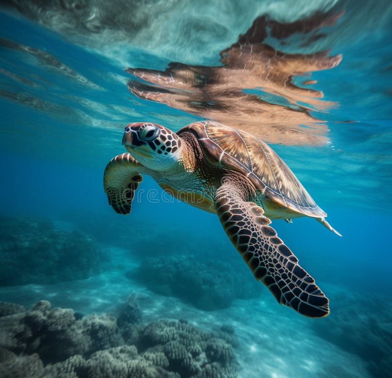 Green Sea Turtle at Surface. Digital Ai Art Stock Illustration ...