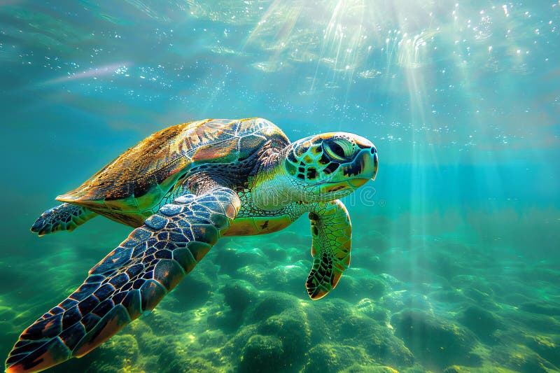A Green Sea Turtle Swam in the Ocean with Sun Rays Shining through the ...