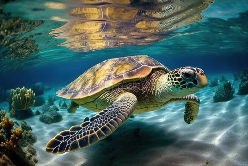 Green Sea Turtle Swimming Coral Beautiful Clear Stock Illustration