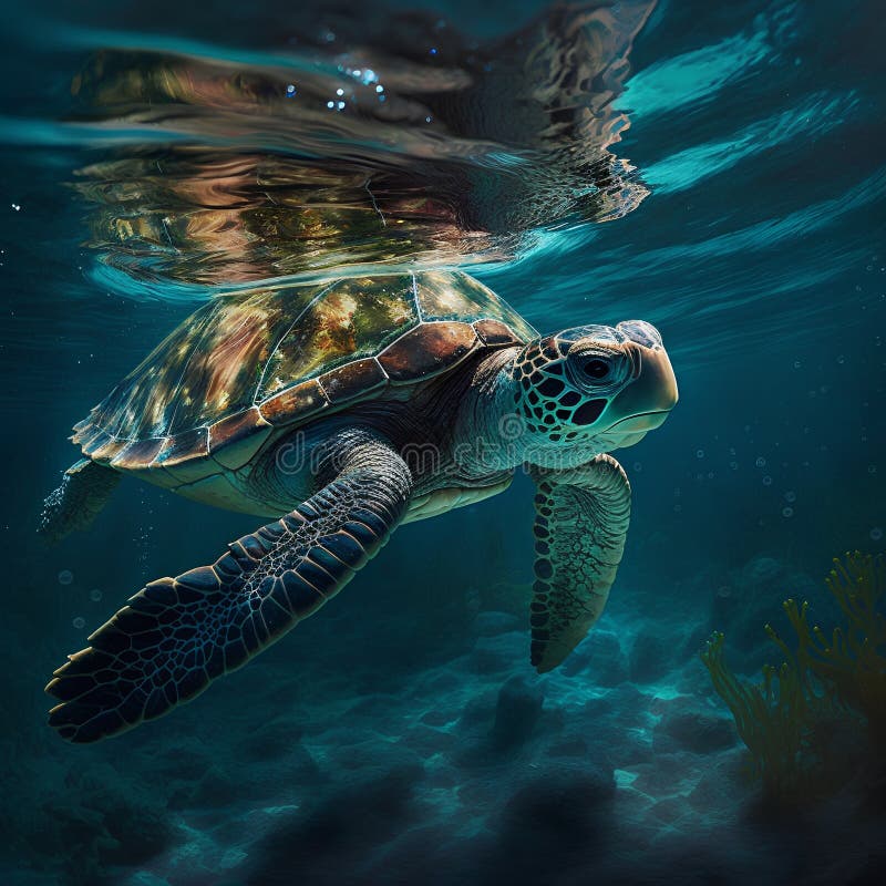 Green Sea Turtle Swimming in Deep Blue Water. 3d Illustration Stock ...