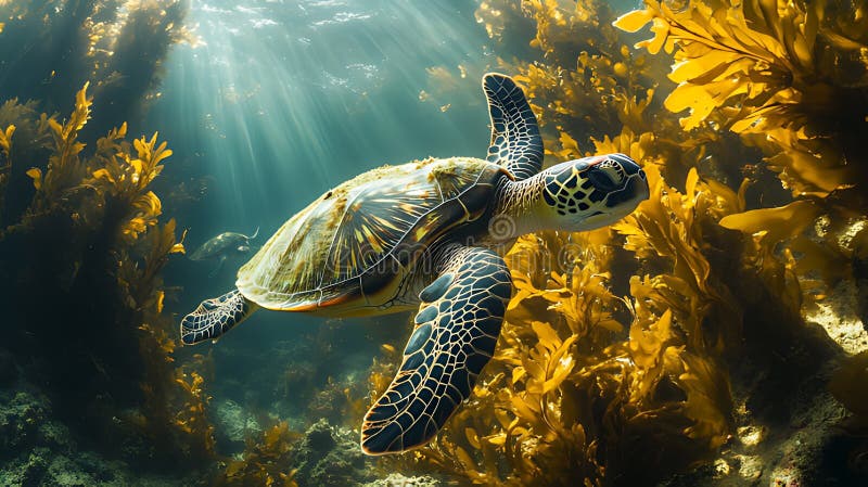 Green Sea Turtle Swimming in Sunlit Kelp Forest Stock Illustration ...