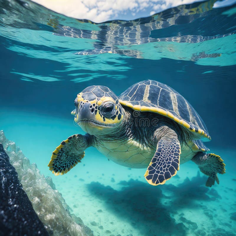 Green Sea Turtle Swimming Underwater In The Ocean 3d Illustration