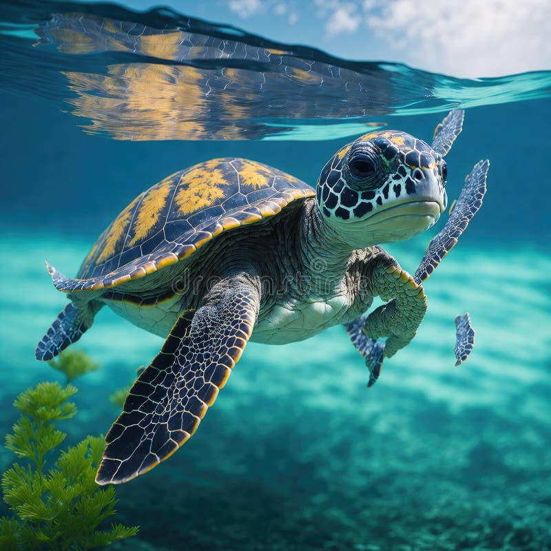 Green Sea Turtle Swimming Underwater In The Ocean 3d Illustration