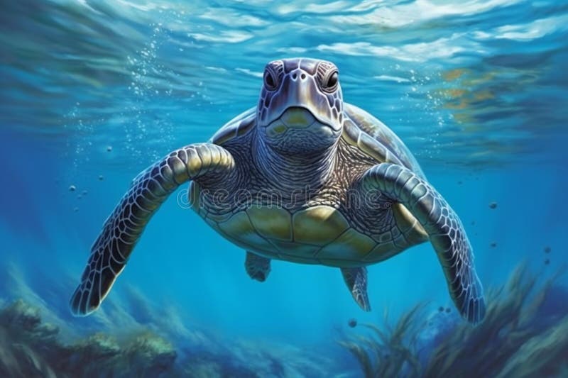 Green Sea Turtle Swimming Underwater In The Ocean Sea Tortoise Stock