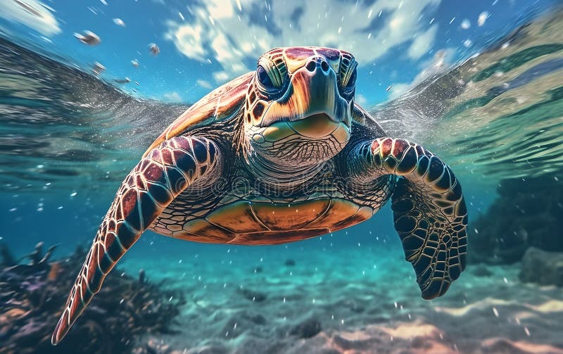 Green Sea Turtle Swims in the Ocean Stock Illustration - Illustration ...