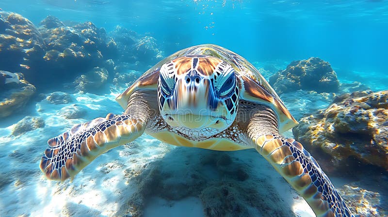 A Green Sea Turtle Swims in the Ocean, Looking Directly at the Camera ...