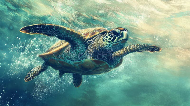 Green Sea Turtle Underwater in Teal Ocean Stock Illustration ...