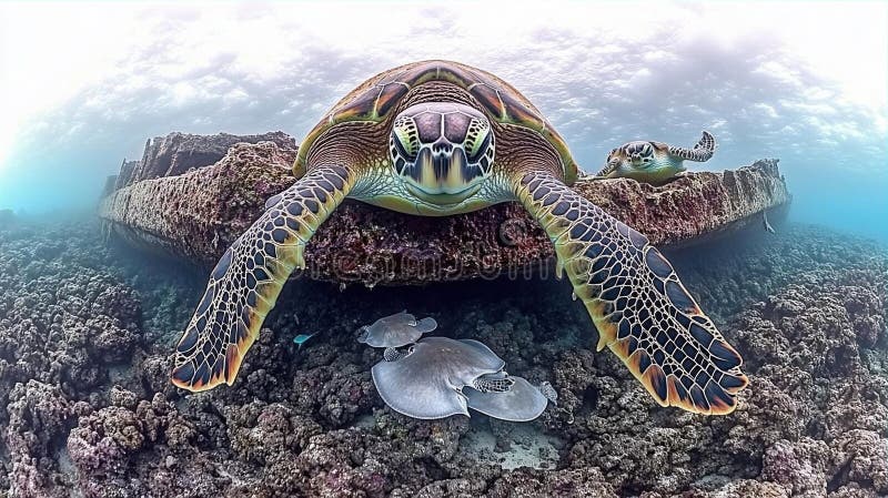 Green Sea Turtle on Vibrant Coral Reef Underwater Stock Photo - Image ...