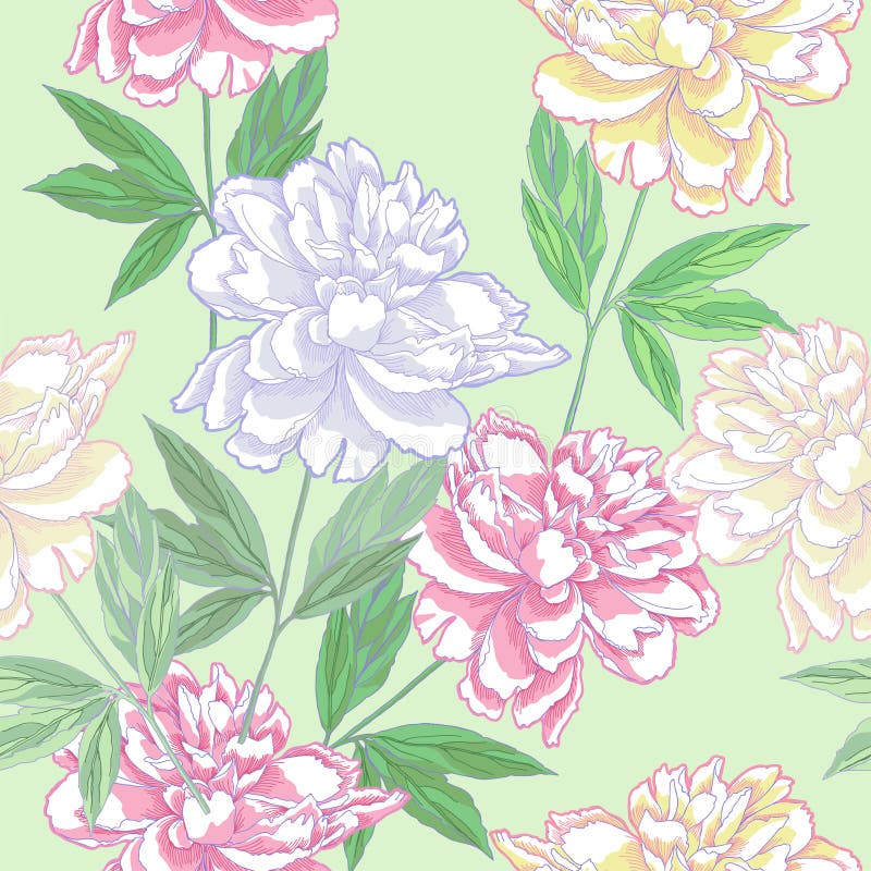 Green Seamless Pattern with Peonies Stock Vector - Illustration of ...