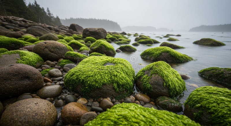 Green Seaweed Covered Rocks on Misty Coast Stock Illustration ...
