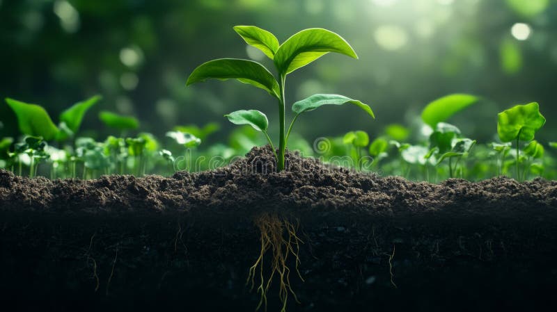 Green Seedling Growing from Dark Soil with Roots Visible Stock ...