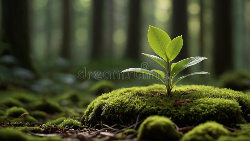 Green Seedling Sprouting on a Lush Mossy Patch in a Serene Forest ...