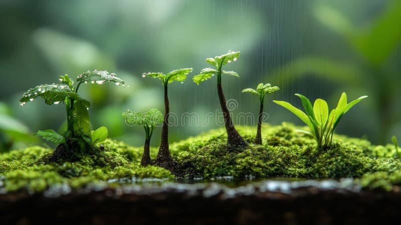 Green Seedlings Growing in Moss during Rainfall Stock Illustration ...
