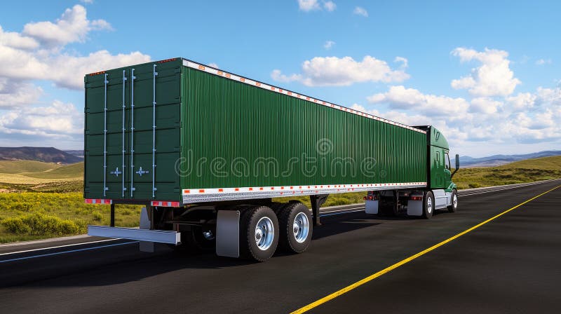 A Green Semi Truck Transporting Green Container. Back View Stock ...