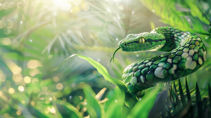 Green Serpent Slithering through Lush Forest Foliage Stock Image ...