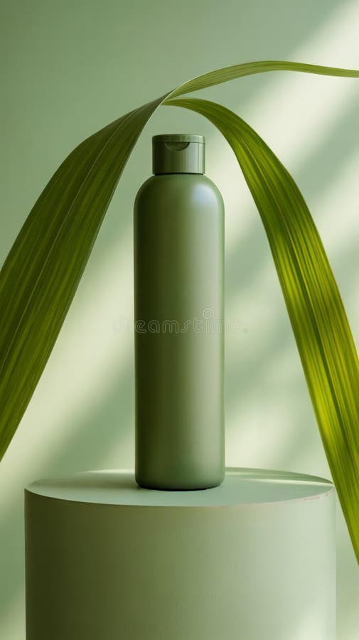 Green Shampoo Bottle Mockup Design with Pandan Leaf Decoration Stock ...