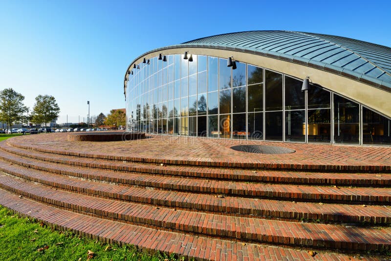 Green Shell Structure and Glass Windows on Brick Platform Stock Image ...