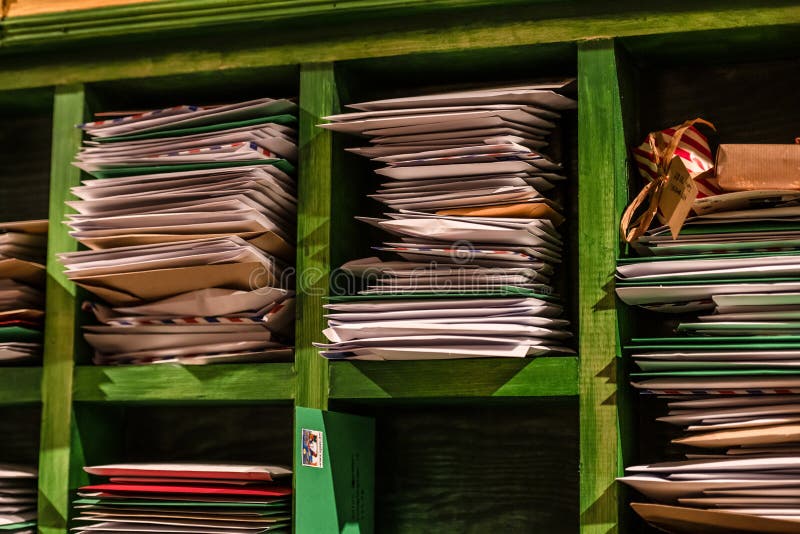 Green Shelves with Stack of Letters.. Stock Image - Image of colorful ...