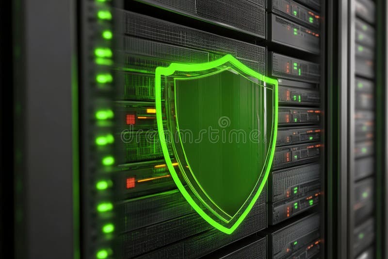 A Green Shield is Displayed on a Row of Servers Stock Photo - Image of ...