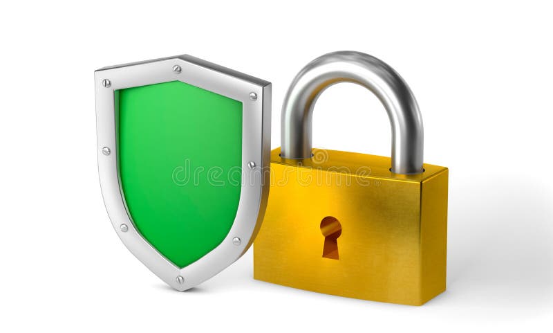 Green Shield and Gold Lock. Concept Double Protection, Privacy of ...