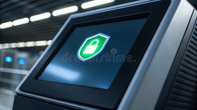 Green Shield Icon Prominently Displayed on a Sophisticated Metal Device ...
