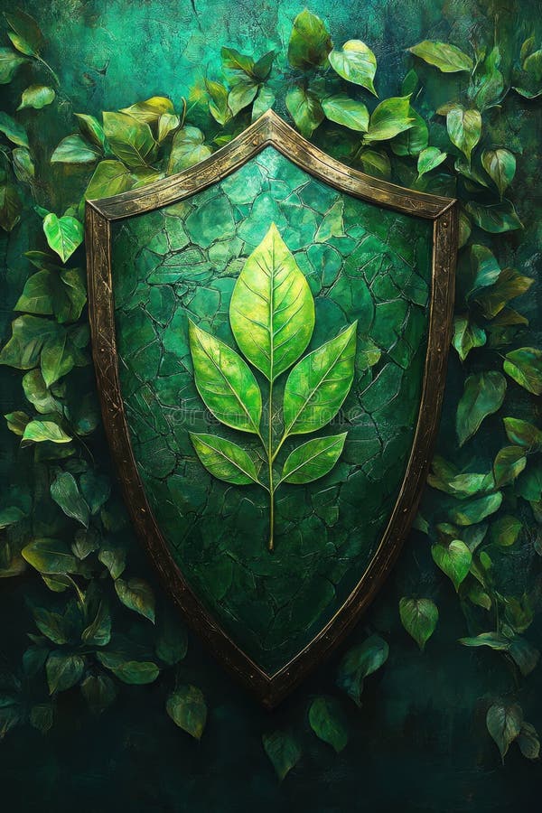 Green Shield, a Vibrant Green Shield Features a Leaf Design, Surrounded by Rich Greenery ...