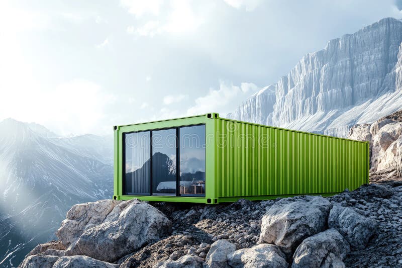 A Green Shipping Container As Temporary Home in a Mountains Stock ...