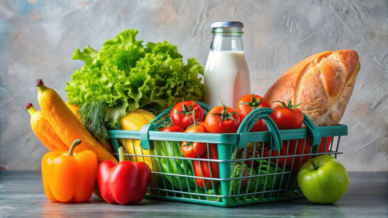 A Green Shopping Basket Overflowing with Fresh Produce and Dairy ...