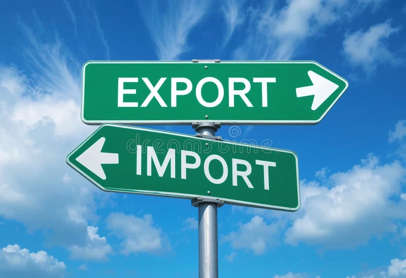 Green Signpost with Arrows Labeled EXPORT and IMPORT Against a Bright ...