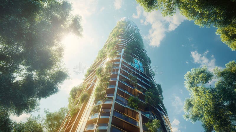 Green Skyscraper Tower Amidst Lush Trees Stock Illustration ...