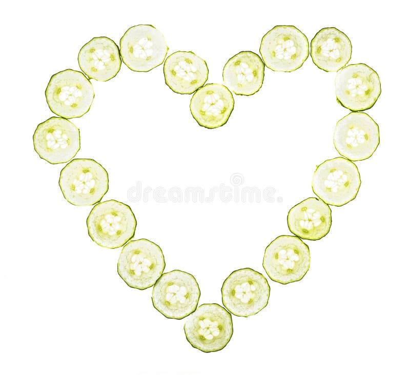 Green Slices of Cucumbers in Love Heart Shape on a White Background ...