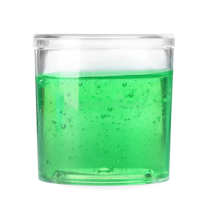 Green Slime in Plastic Container Isolated on White. Antistress Toy ...