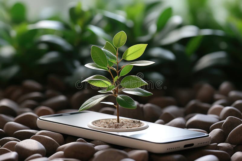 Green Small Tree or Plant Growing from a Smartphone Stock Illustration ...