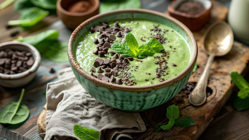 Green Smoothie Decorated with Chocolate Drops, Mint and Banana in a ...