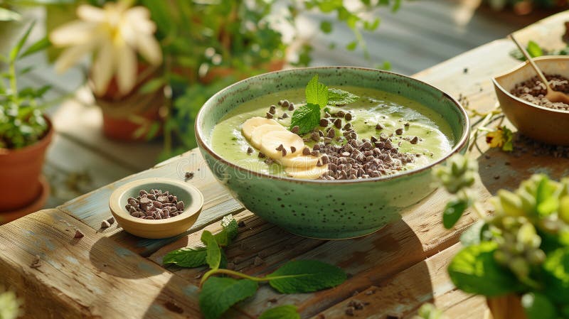 Green Smoothie Decorated with Chocolate Drops, Mint and Banana in a ...