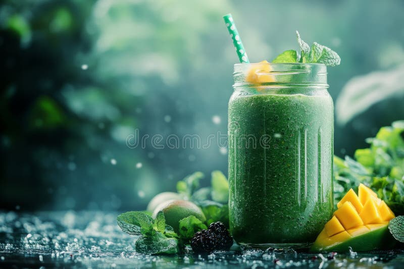 Green Smoothie Made with Mango, Spinach, Mint and Blackberries in a Jar ...