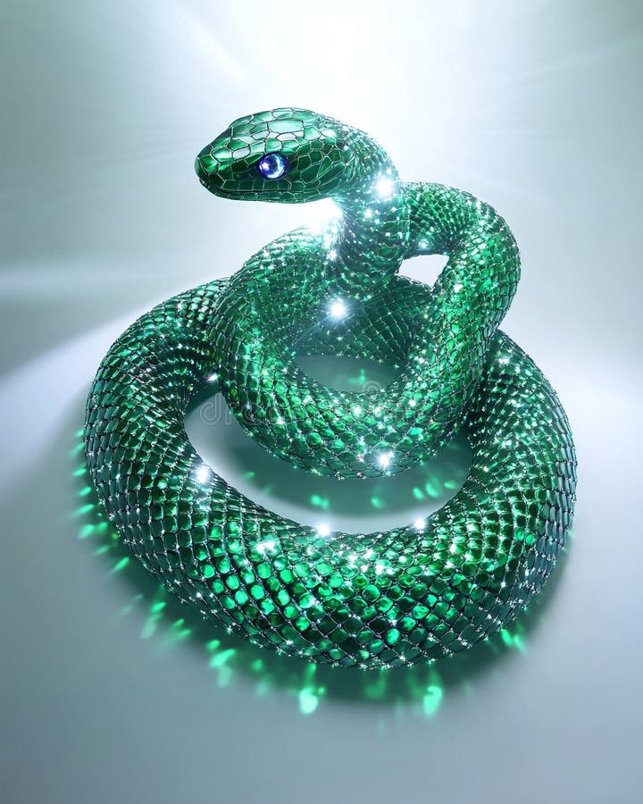 A Green Snake with Blue Eyes is Coiled on a White Surface, Illuminated ...