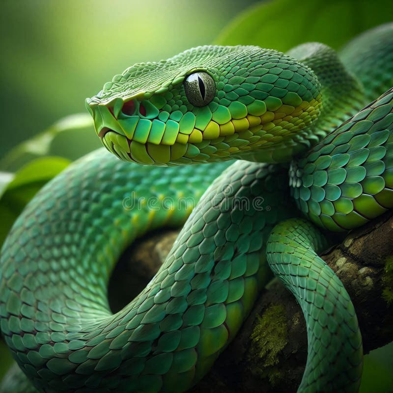 Green Snake on Branch Close Up Generative for AI Stock Illustration ...