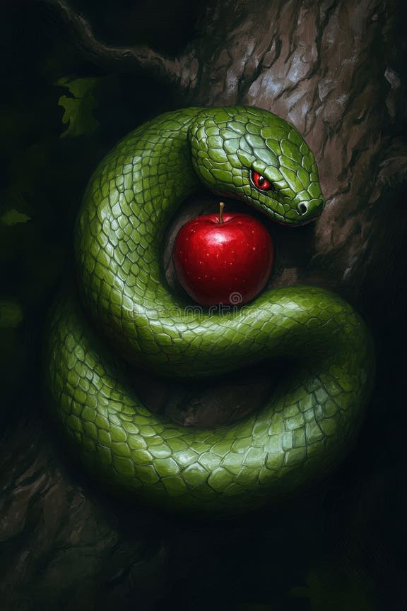 Green Snake Coiled Around a Red Apple on Tree Trunk in Forest Stock ...