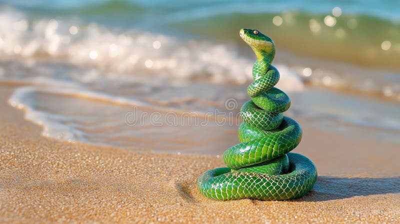 Green Snake Coiled in Christmas Tree Shape on Sandy Beach with Ocean ...
