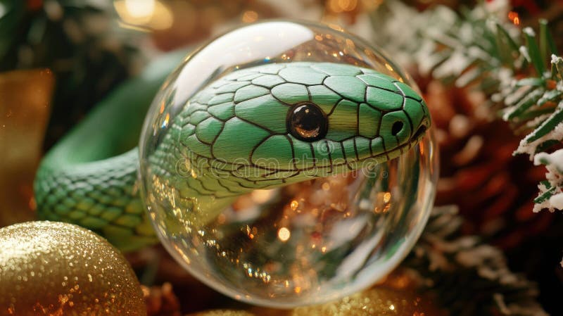 A Green Snake Coiled Inside a Transparent Glass Ball Stock Image ...